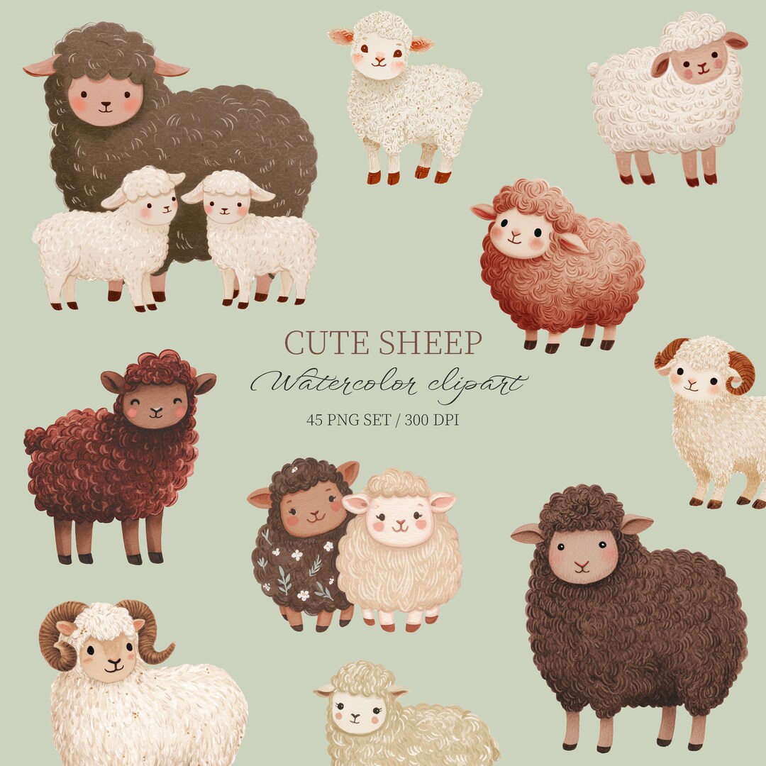 Cute Sheep, Watercolor Clipart Set, Farm Animals (PNG, Digital Download ...