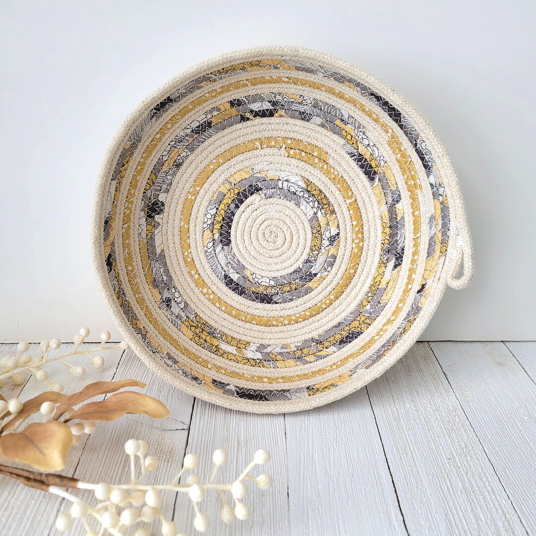 7.75 Inch Gray and Yellow Home Decor Basket, Coiled Rope Storage ...