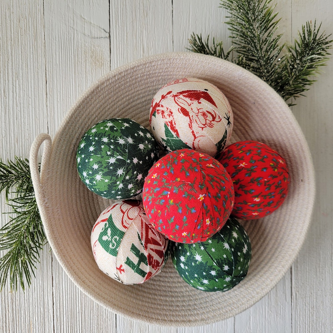 Christmas 2 1/3 Inch Bowl Fillers Set of 6 Red Green White Rag Balls ...