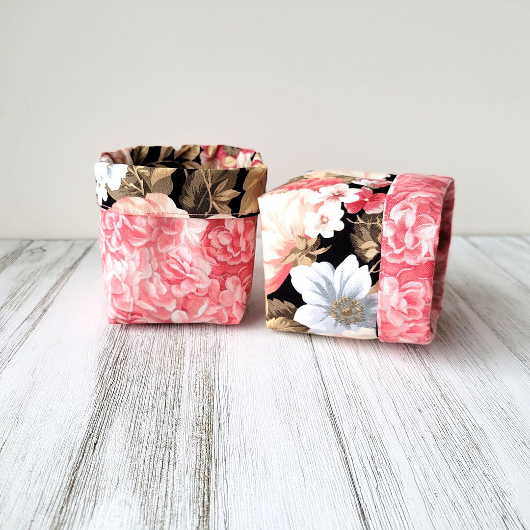 Set of 2 Reversible Fabric Mini Storage Bins Pink Floral Organization ...