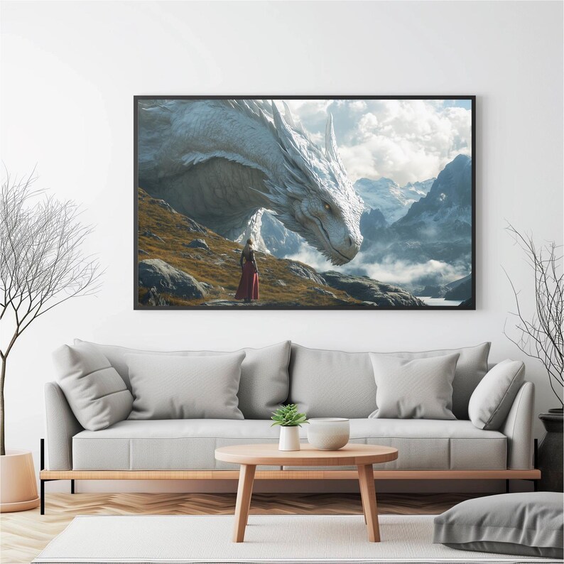 Colossal White Dragon Wall Art Print, Fantasy Landscape, Mystic Fantasy ...