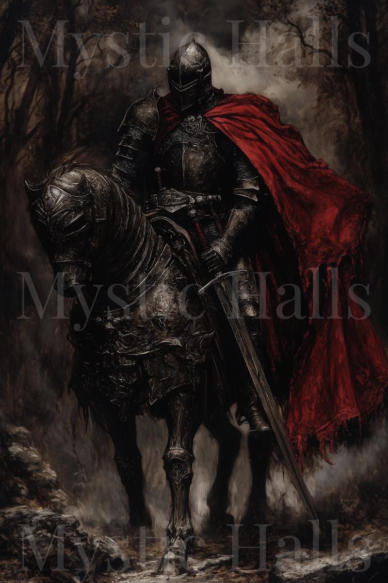 Crimson Shadow: Dark Knight & Steed Wall Art Print, Gothic Medieval ...