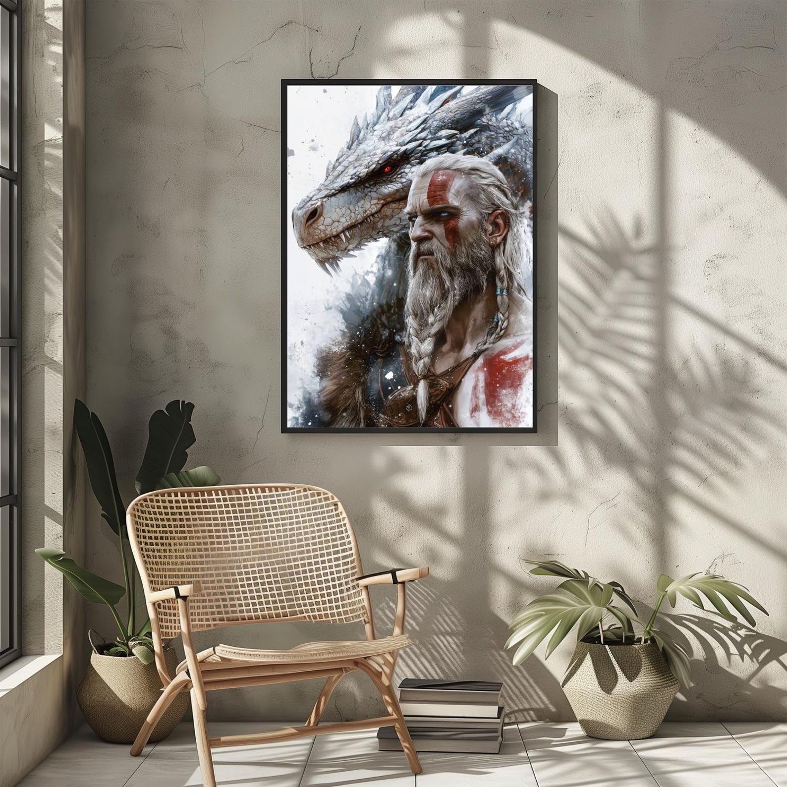 Dragon & Norse Barbarian Wall Art Print, Mystic Fantasy Decor, Mystical ...
