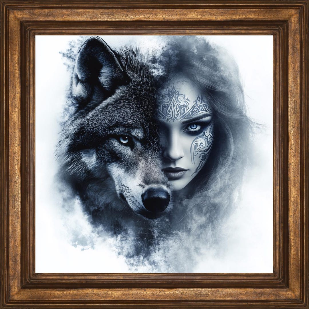 Lunar Bond: Mystic Woman & Wolf Spirit Fusion Wall Art Print, Mystic ...