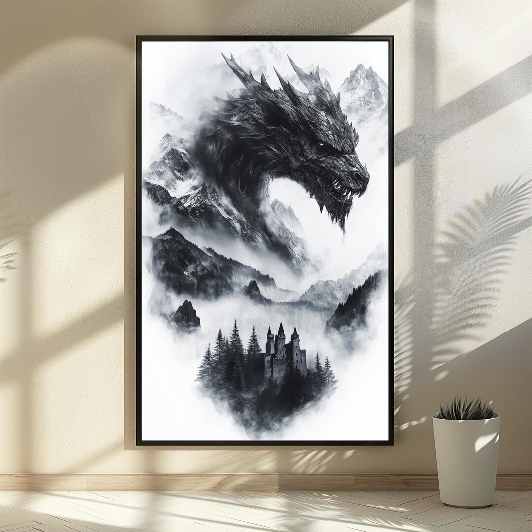 Mountain Dragon: Mist-shrouded Peak Guardian Wall Art Print, Epic ...