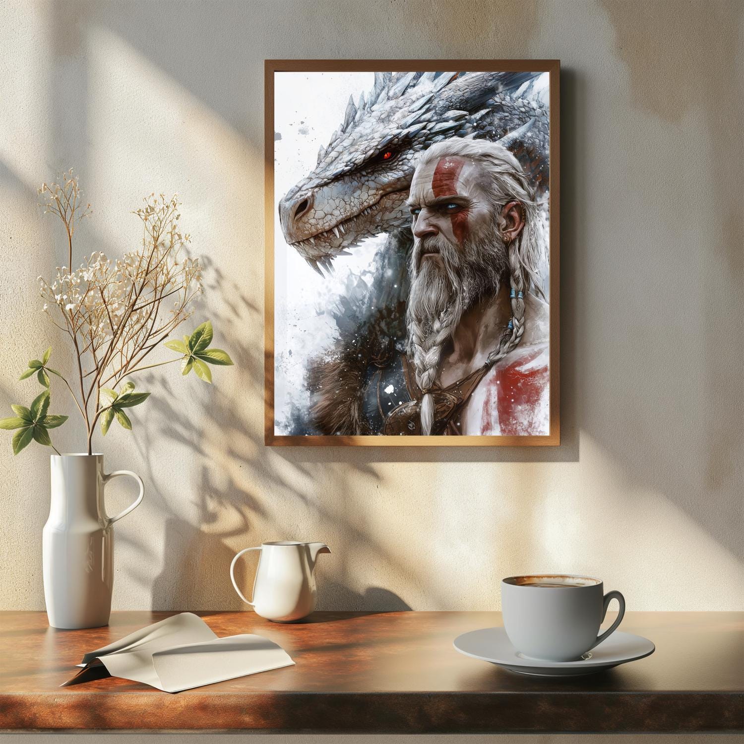 Dragon & Norse Barbarian Wall Art Print, Mystic Fantasy Decor, Mystical ...
