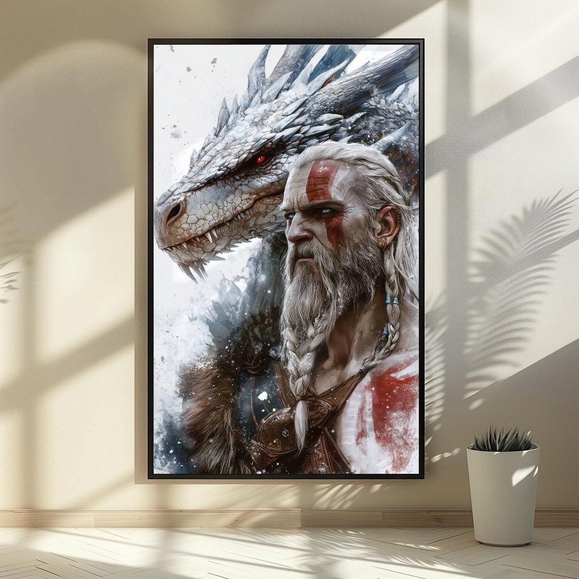 Dragon & Norse Barbarian Wall Art Print, Mystic Fantasy Decor, Mystical ...