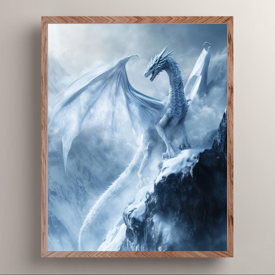 Frostveil Watcher Ice Dragon Wall Art Print, Epic Fantasy Wall Decor ...