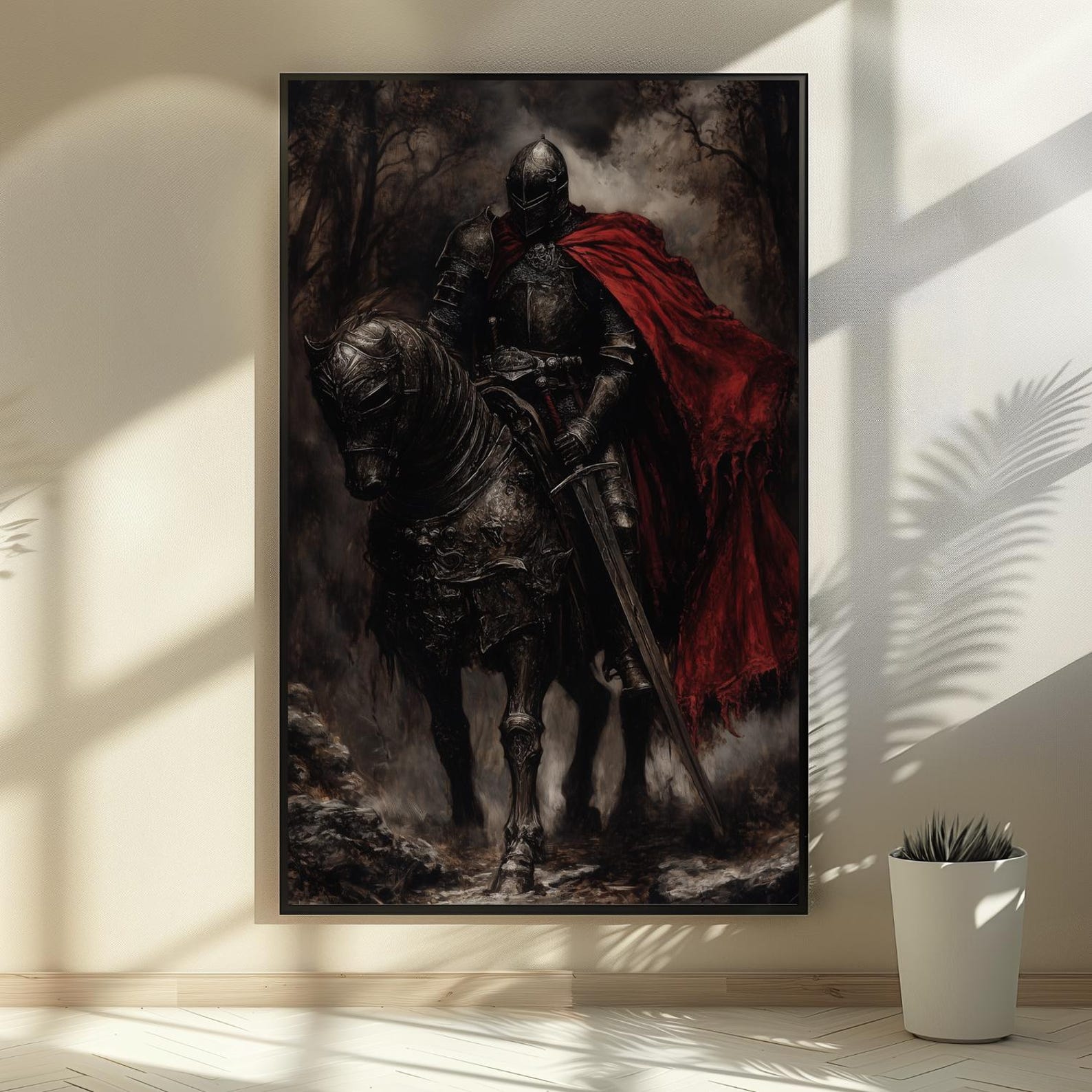 Crimson Shadow: Dark Knight & Steed Wall Art Print, Gothic Medieval ...