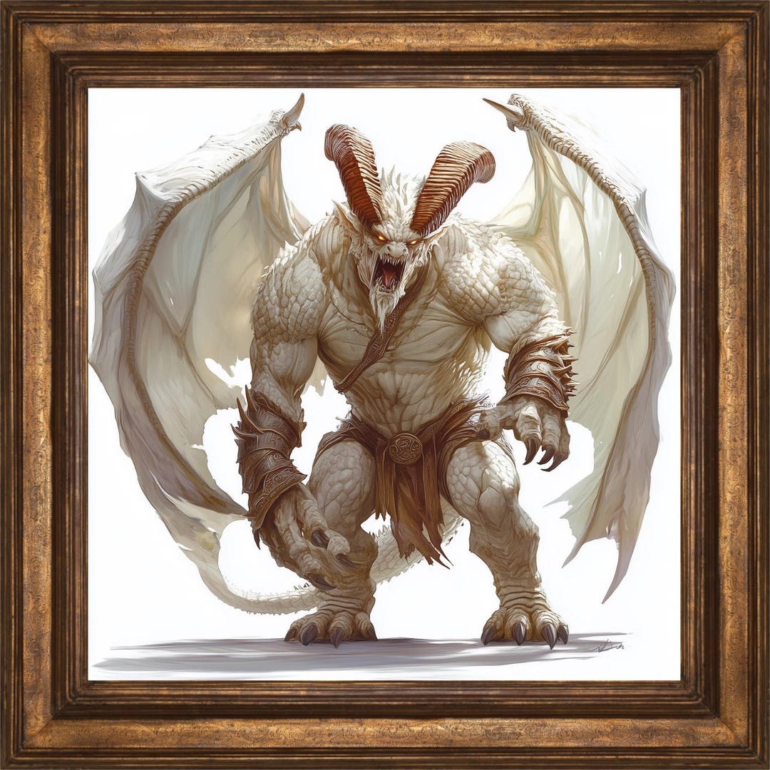 White Goliath: Horned Demon Beast Wall Art Print, Mystic Fantasy Decor ...