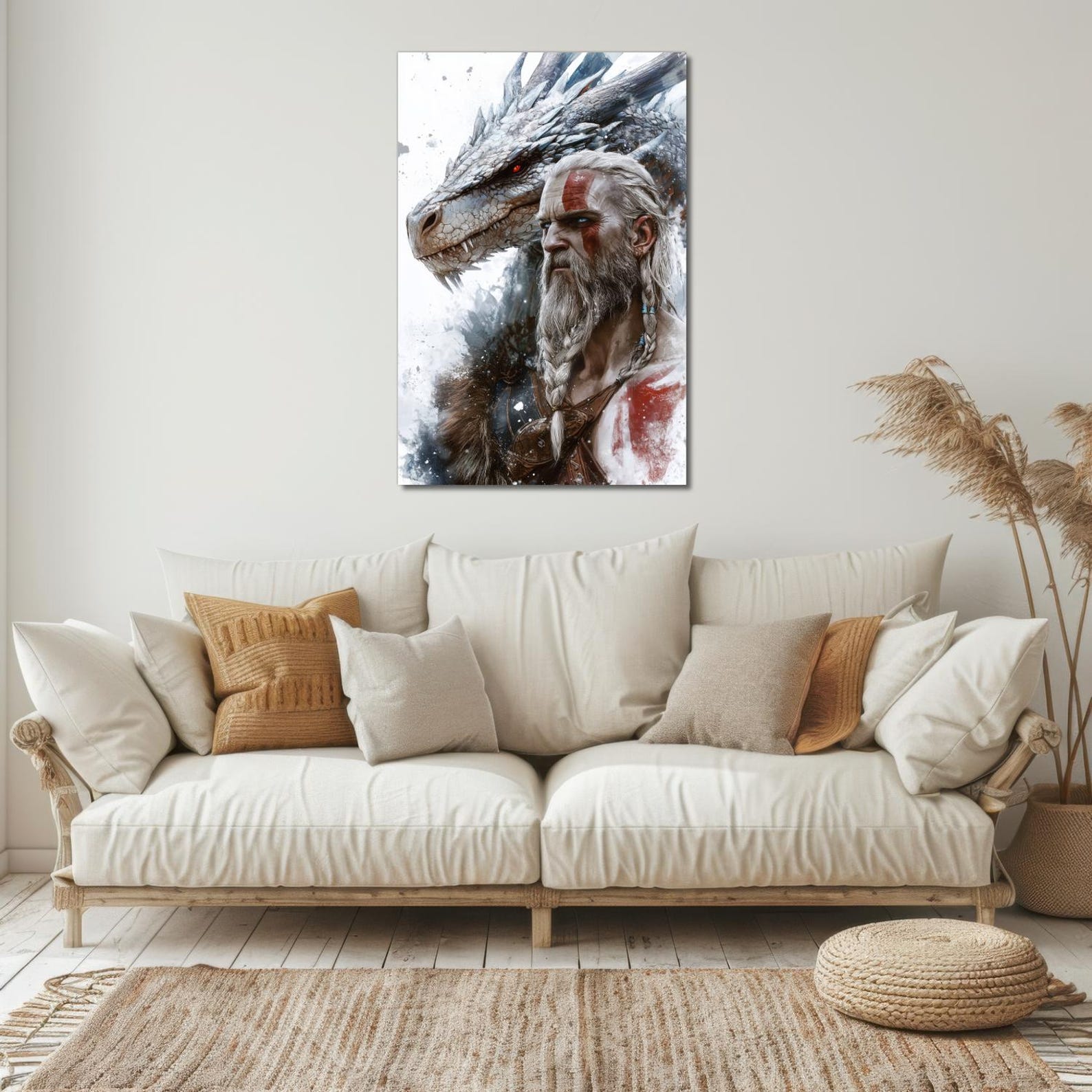 Dragon & Norse Barbarian Wall Art Print, Mystic Fantasy Decor, Mystical ...