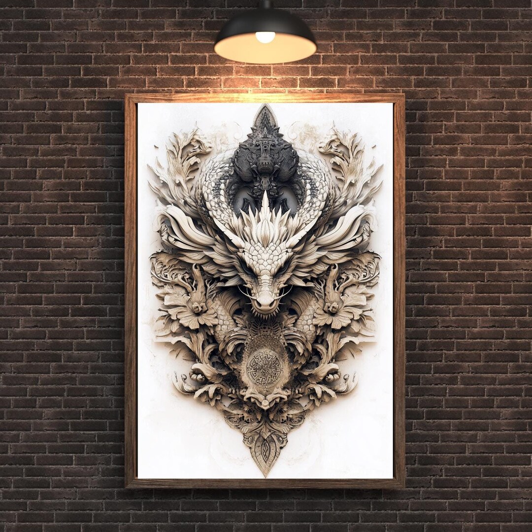 Ancient Crest: Dragon Engraving Wall Art Print, Dark Fantasy Wall Decor ...