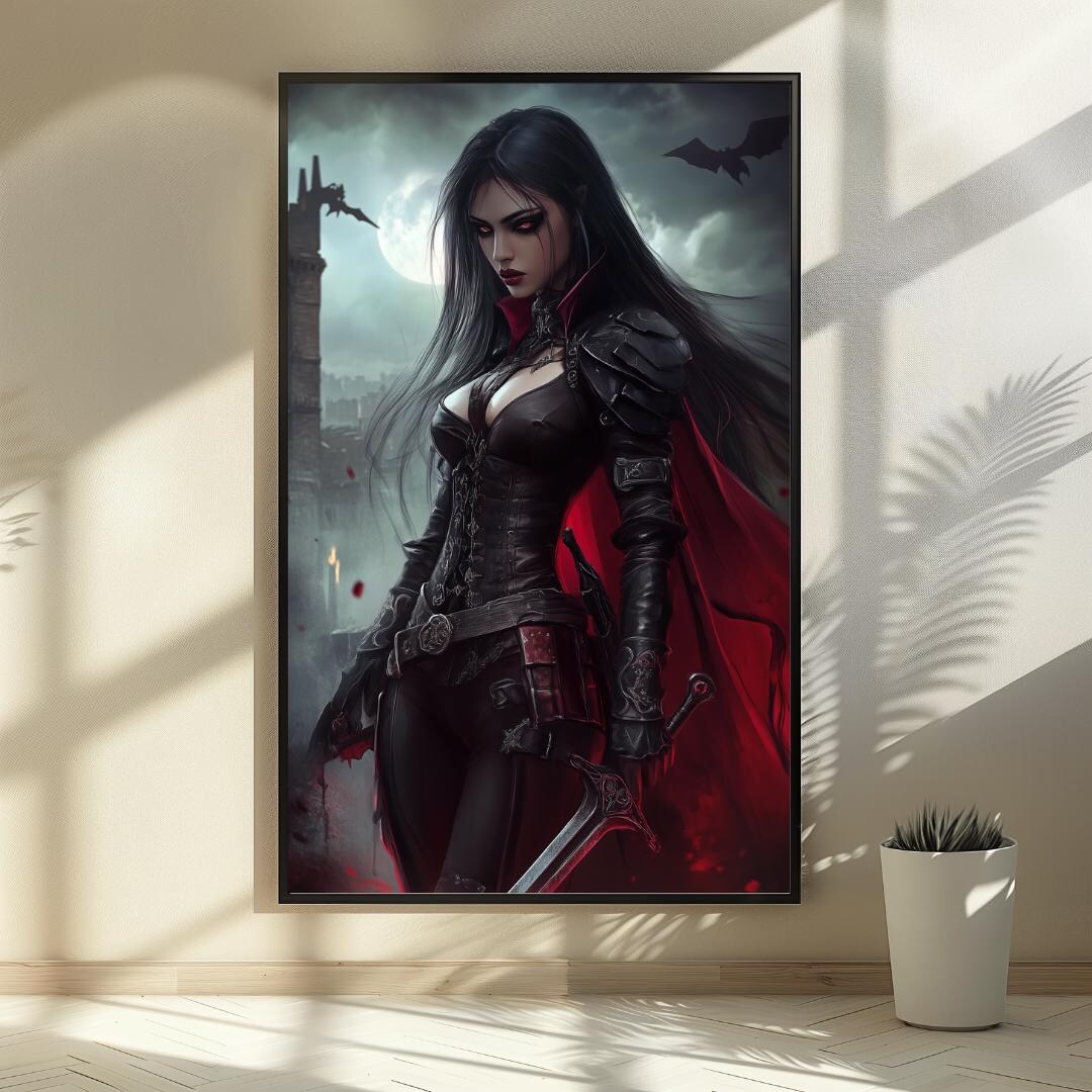 Crimson Blade Vampire Huntress Wall Art Print, Dark Fantasy Art, Gothic ...