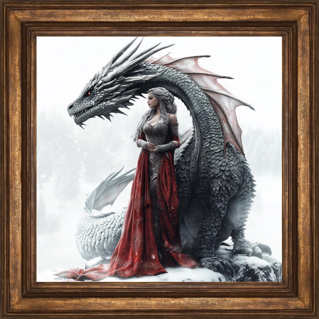 Dragon's Flame: Ice Queen & Dragon Wall Art Print, Mystic Fantasy Decor ...