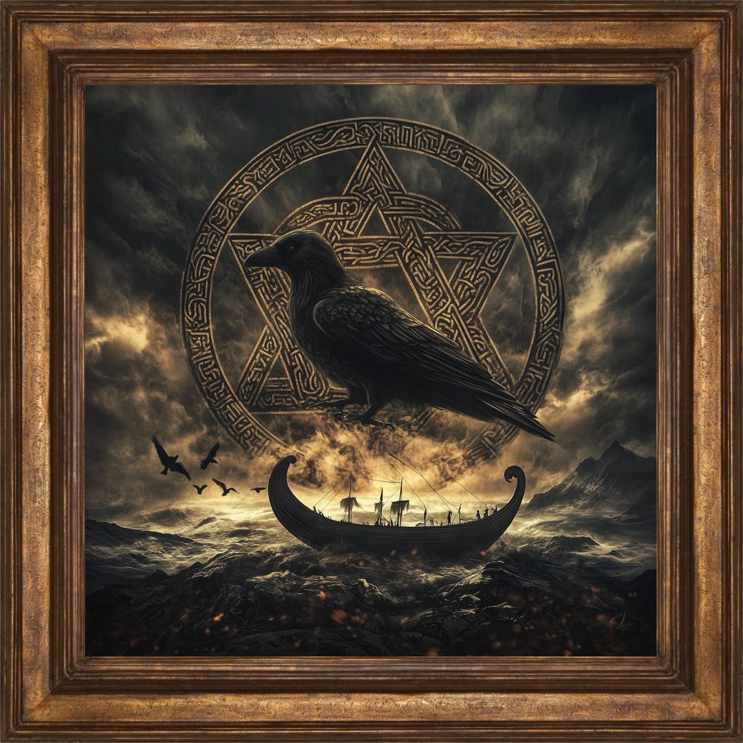 Longboat and Raven Fantasy Wall Art Print, Mystic Fantasy Decor for ...