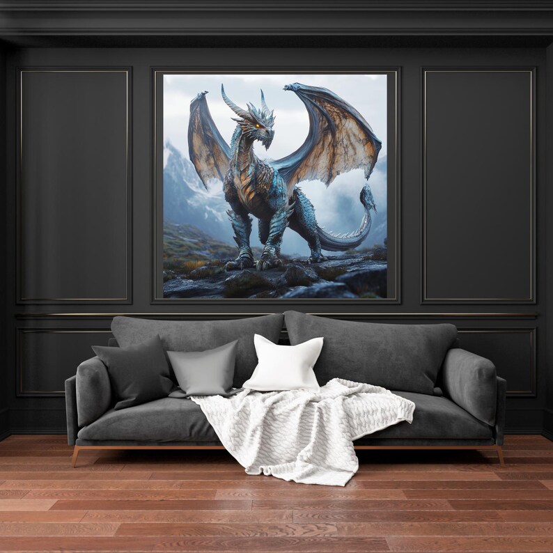 Blue Dragon Fantasy Wall Art Print, Mystic Fantasy Decor for Home ...