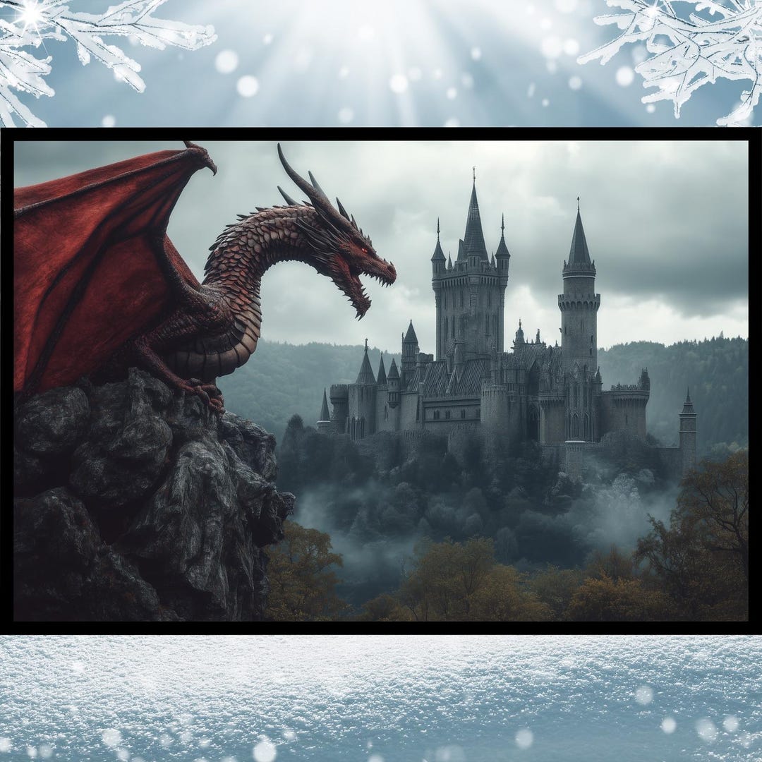 Dragon's Domain: Red Dragon & Gothic Castle Wall Art Print, Fantasy ...