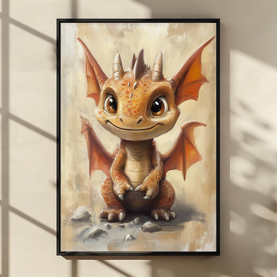 Adorable Baby Gold Dragon Wall Art Print, Fantasy Wall Decor, Fantasy ...