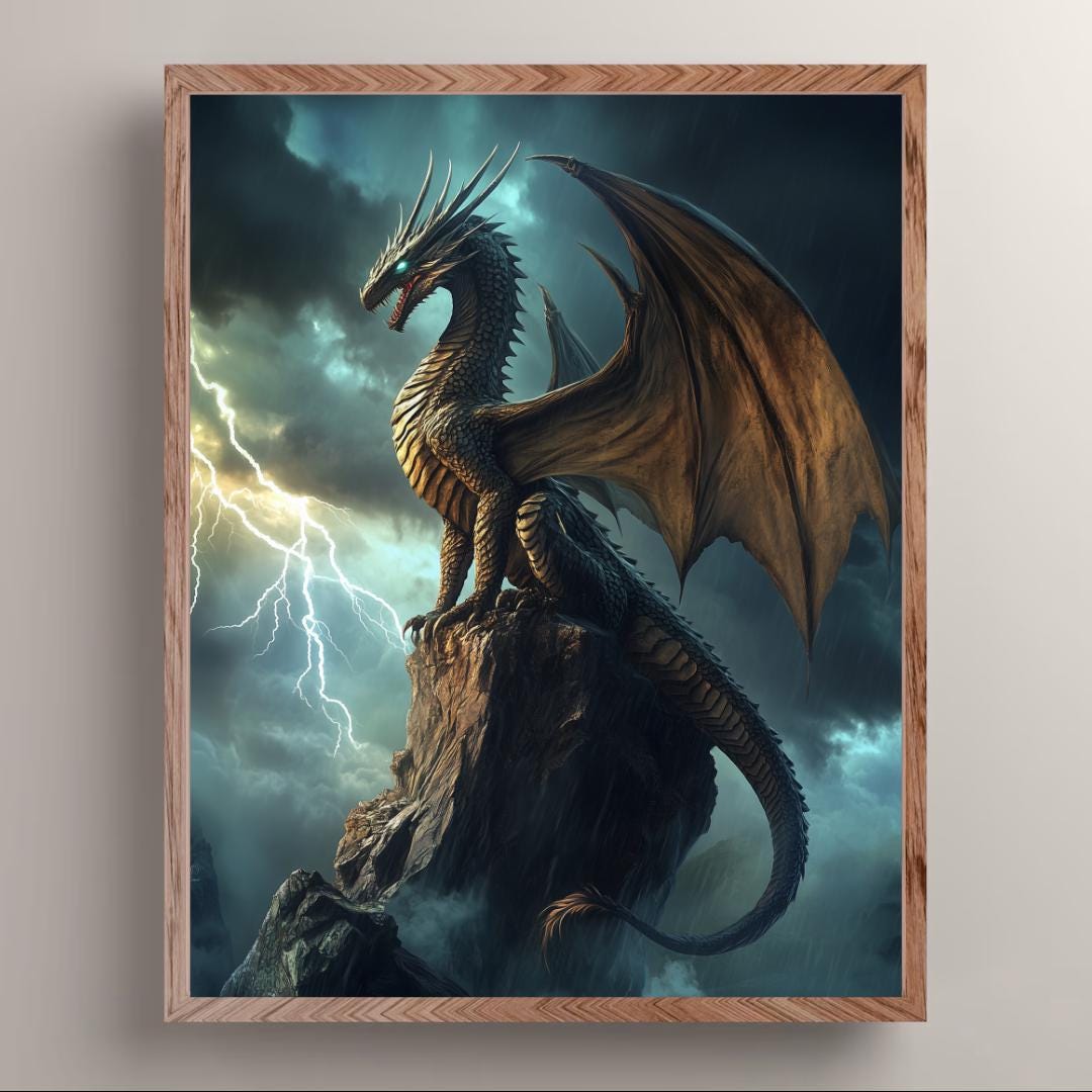 Stormborn Guardian: Lightning Dragon Art Print, Epic Fantasy Wall Decor ...