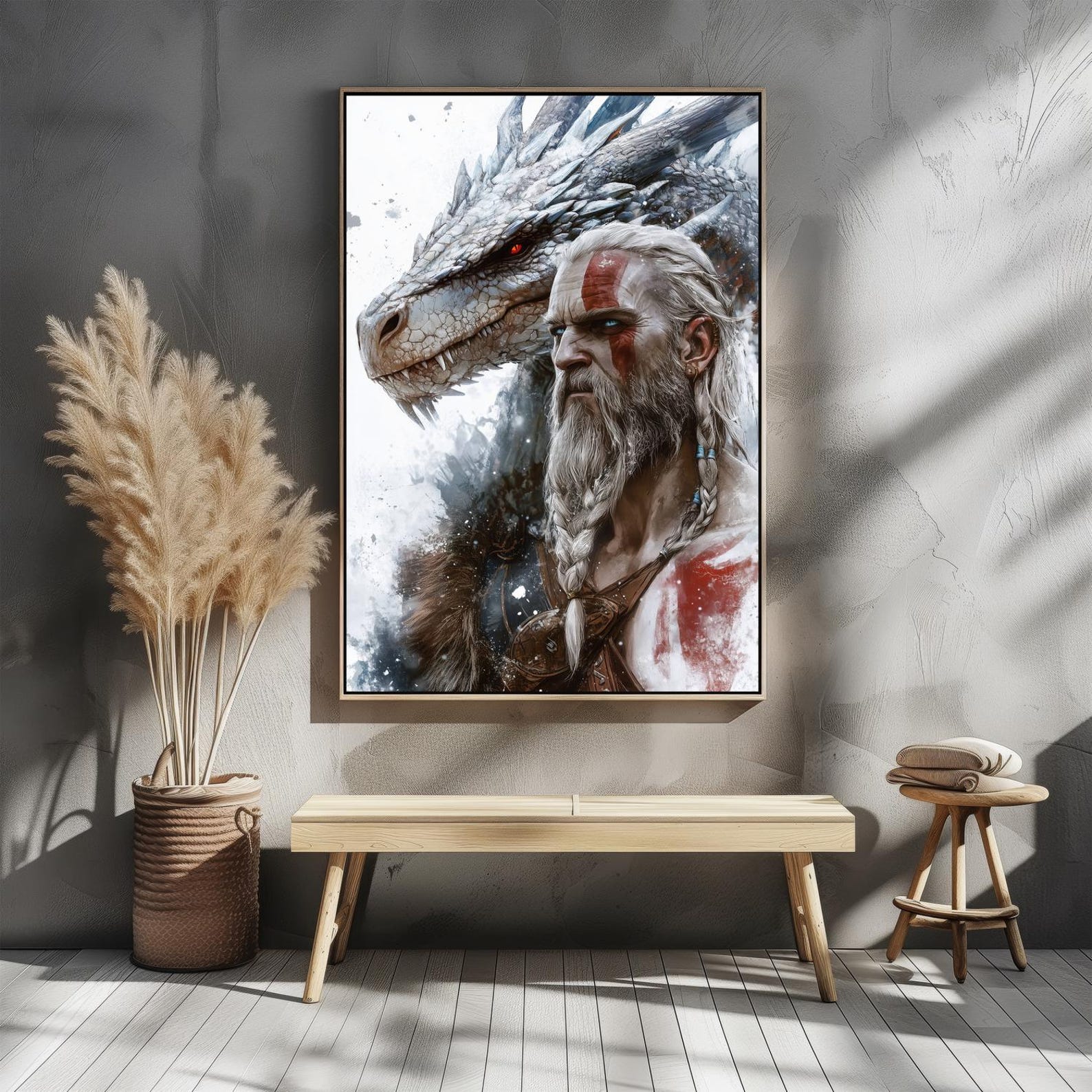 Dragon & Norse Barbarian Wall Art Print, Mystic Fantasy Decor, Mystical ...