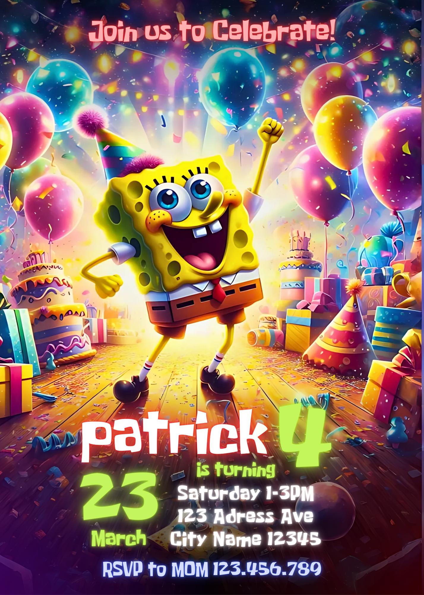 Spongebob Birthday Invitation, Sponge Bob Square Pants Birthday Party ...