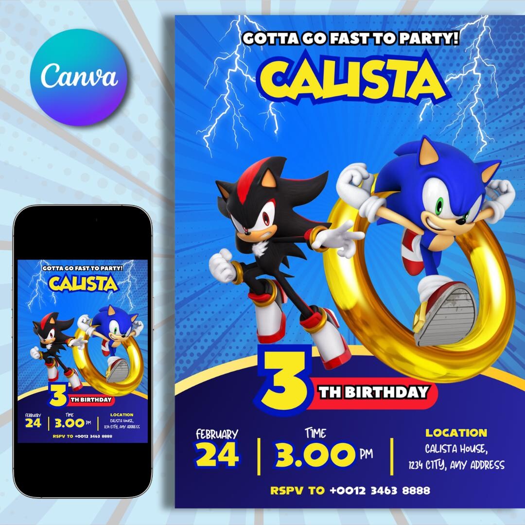 Editable Sonic Birthday Invitation, Awesome Sonic Party Invite, Boy ...