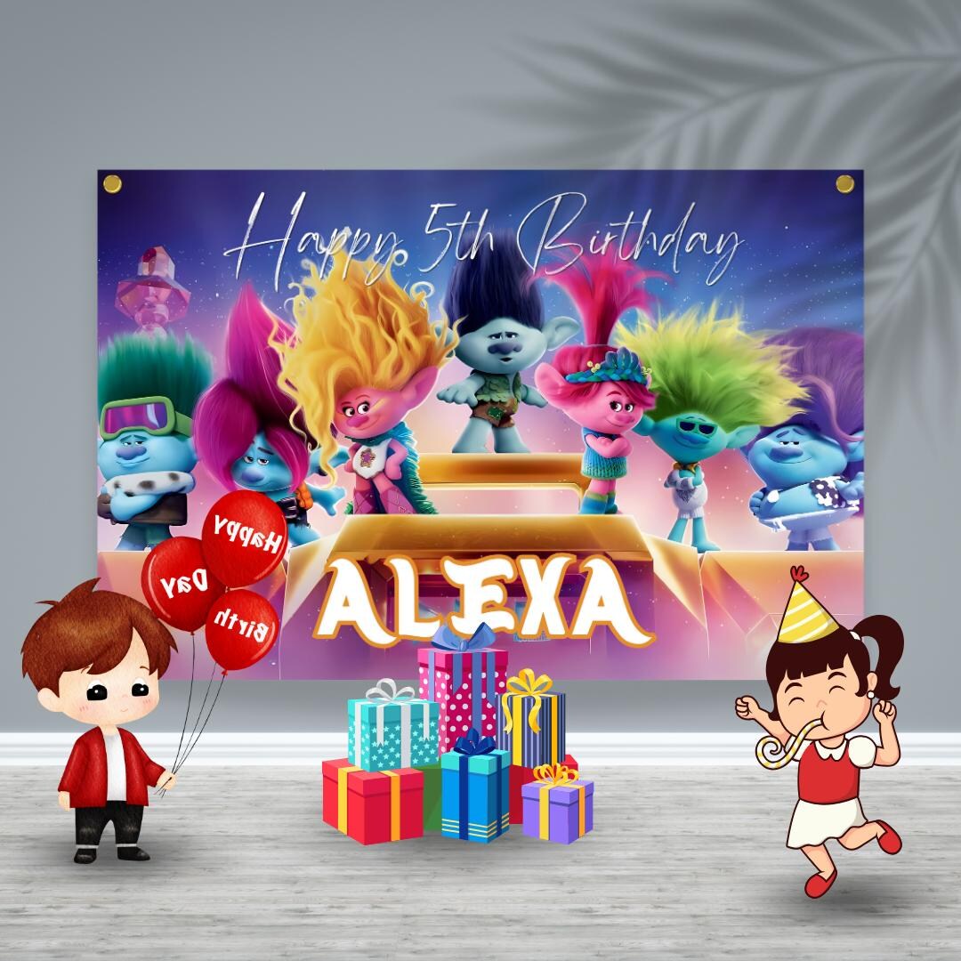 Birthday Backdrop Trolls Birthday Party Banner Decoration, Trolls ...