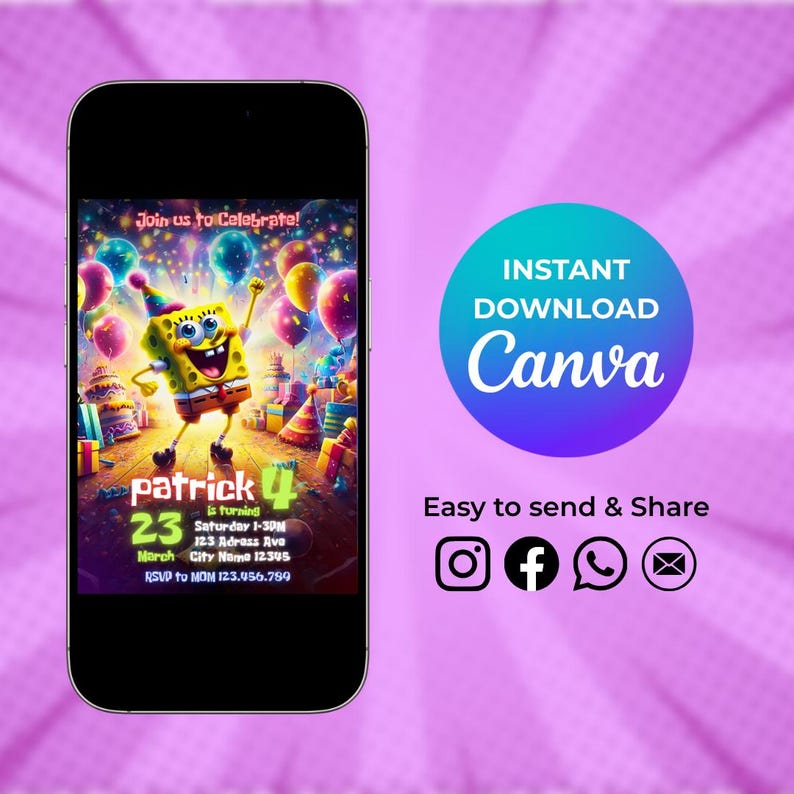 Spongebob Birthday Invitation, Sponge Bob Square Pants Birthday Party ...