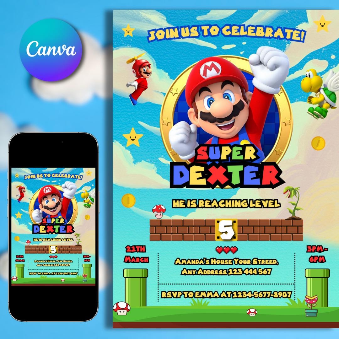 Invitación de cumpleaños editable de Mario Bros, invitación para fiesta ...