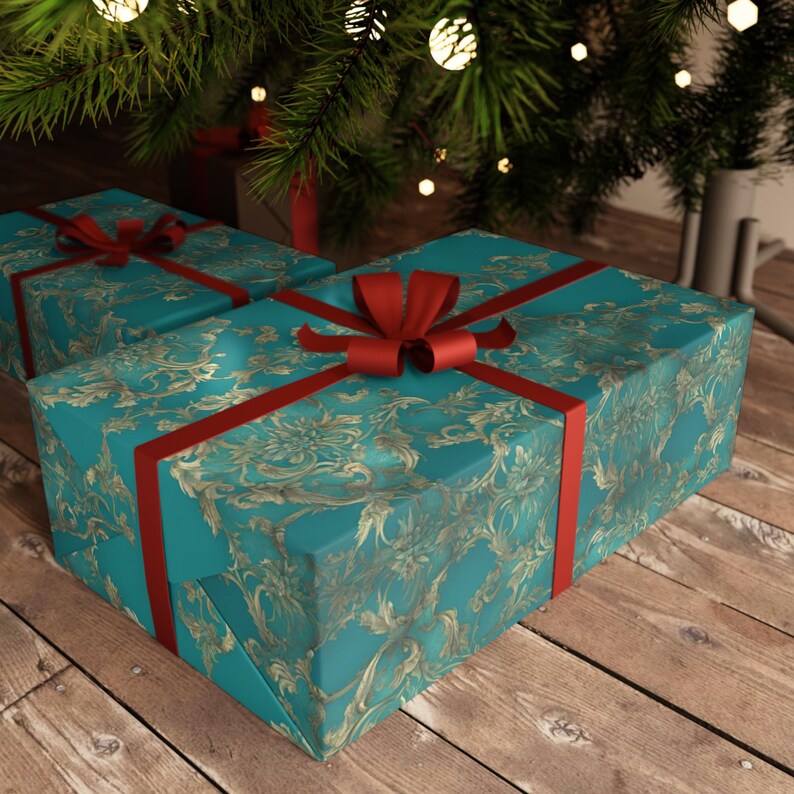 Elegant Floral Gift Wrapping Paper Sheets, Teal and Gold Design ...