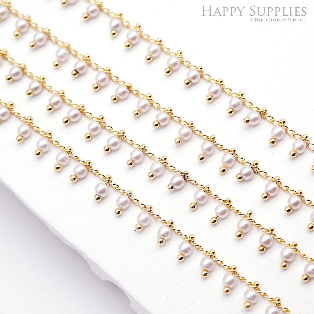 Gold Pearl Round Bead Chain , Silver/gold Plated Brass Chain With Pearl ...