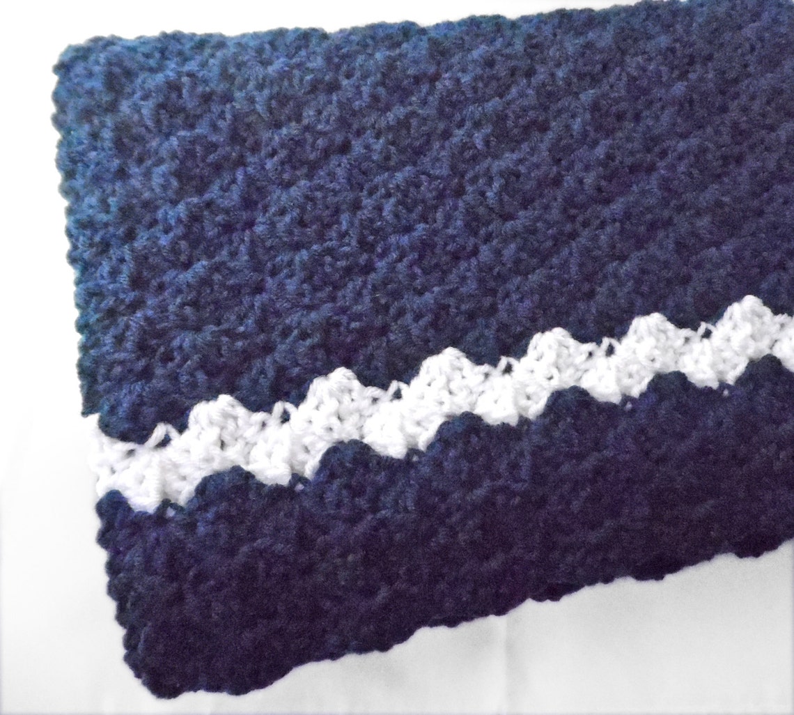 Crocheted Baby Blanket in Solid Navy Blue With a White Line in - Etsy