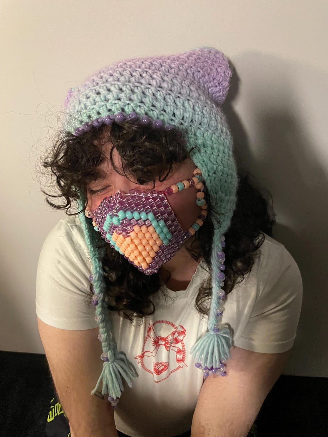 Handmade Crochet Kandi Cat Ear Hat With Ear Covers, Braided Tassles ...