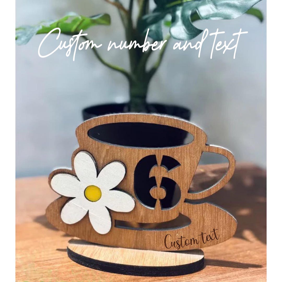 Minimalist Wooden Table Number - Cute Coffee Cup & Flower Design ...