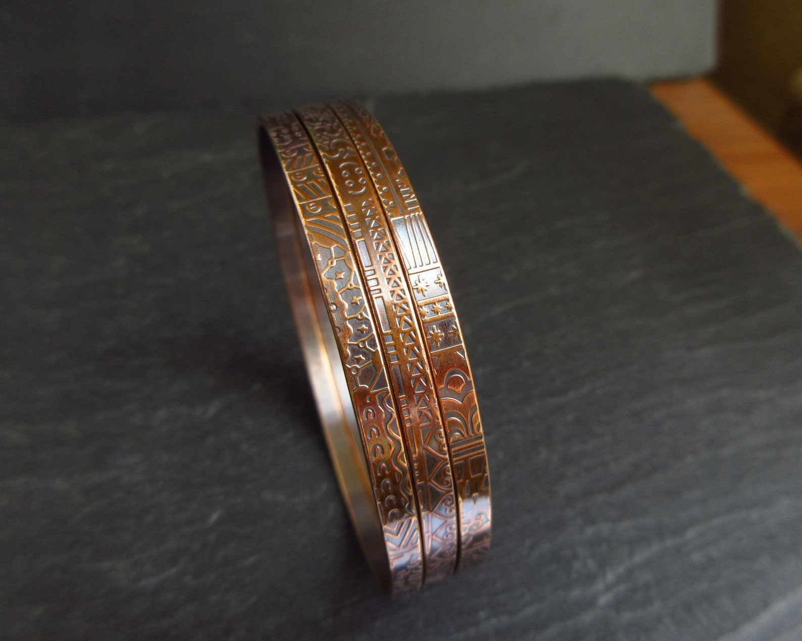 Set of Three Bronze Bangles With Pattern Detail Bronze - Etsy