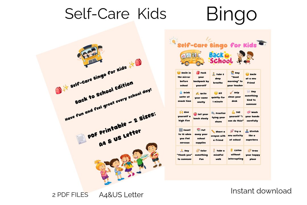 Self-care Bingo for Kids Printable - Back to School Game PDF, A4 & US ...