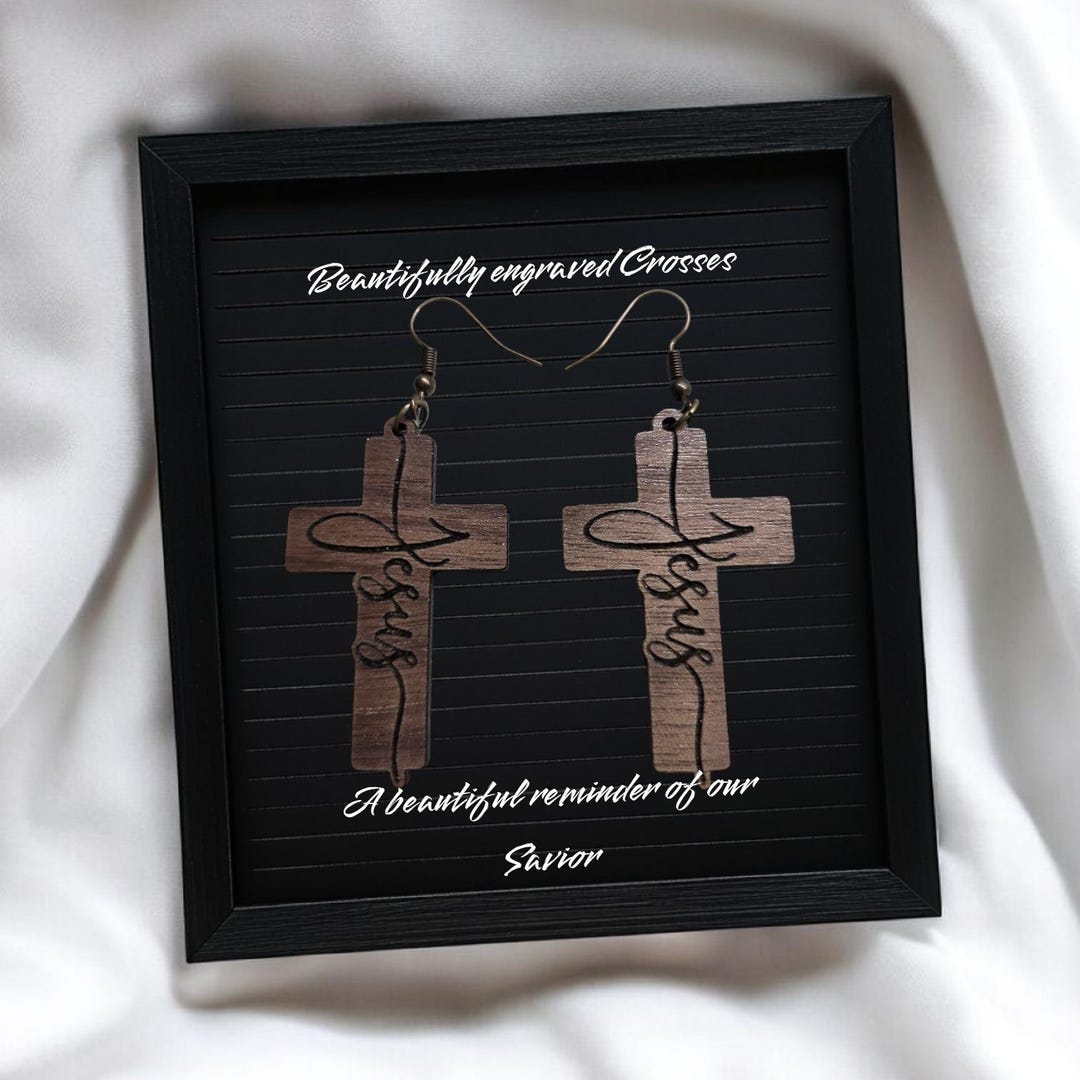 Jesus Cross Earrings Engraved on Dark Walnut - Etsy