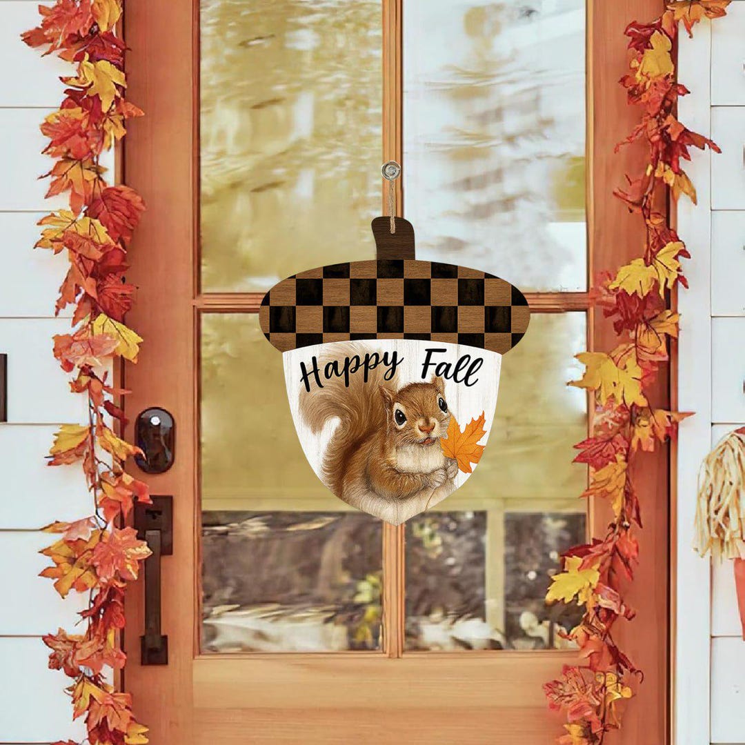 Happy Fall Squirrel Acorn Door Sign, Rustic Autumn Checkerboard Wood ...