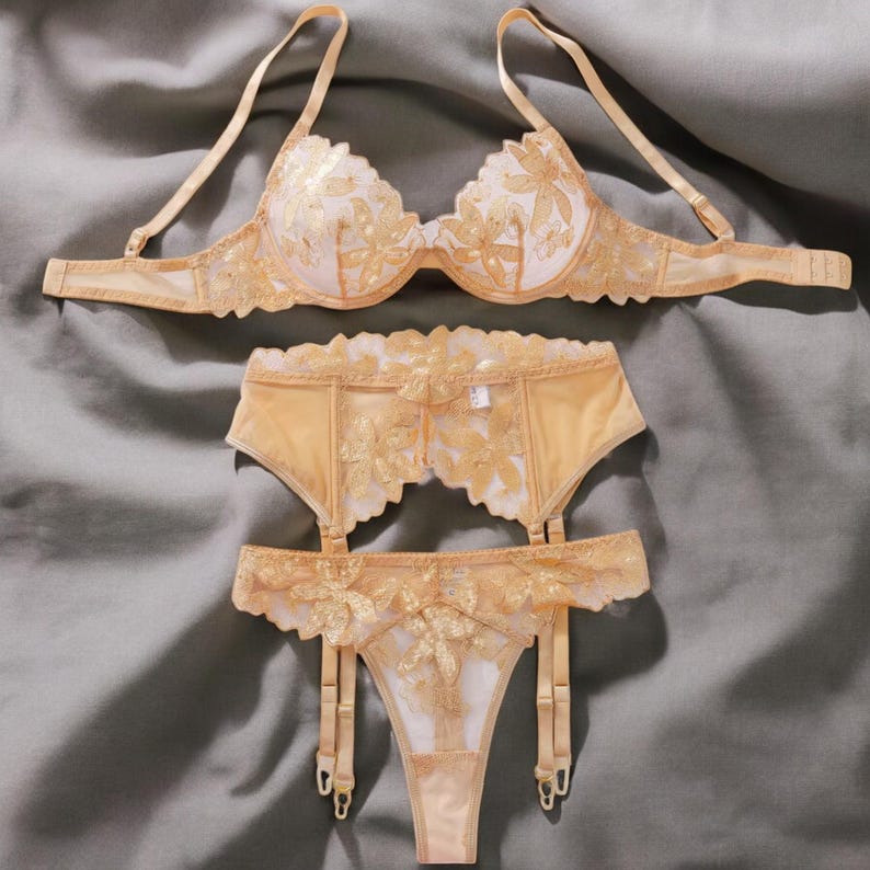 Golden Embroidered 3-piece Lingerie Set Sheer Mesh Bodysuit, Floral Design, Adjustable Straps ...