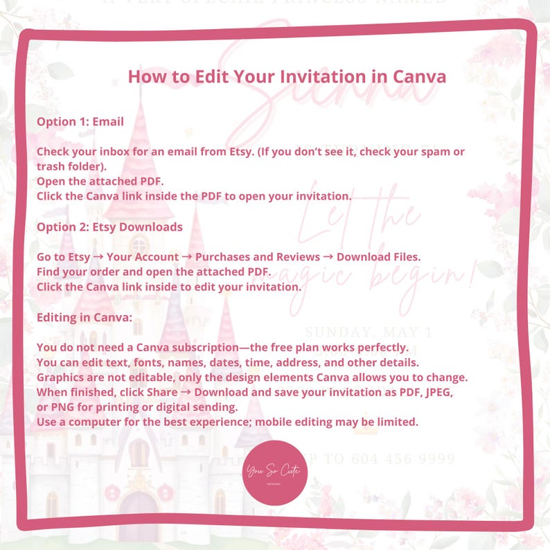 Editable Princess Birthday Invitation- Instant Canva Template - Etsy