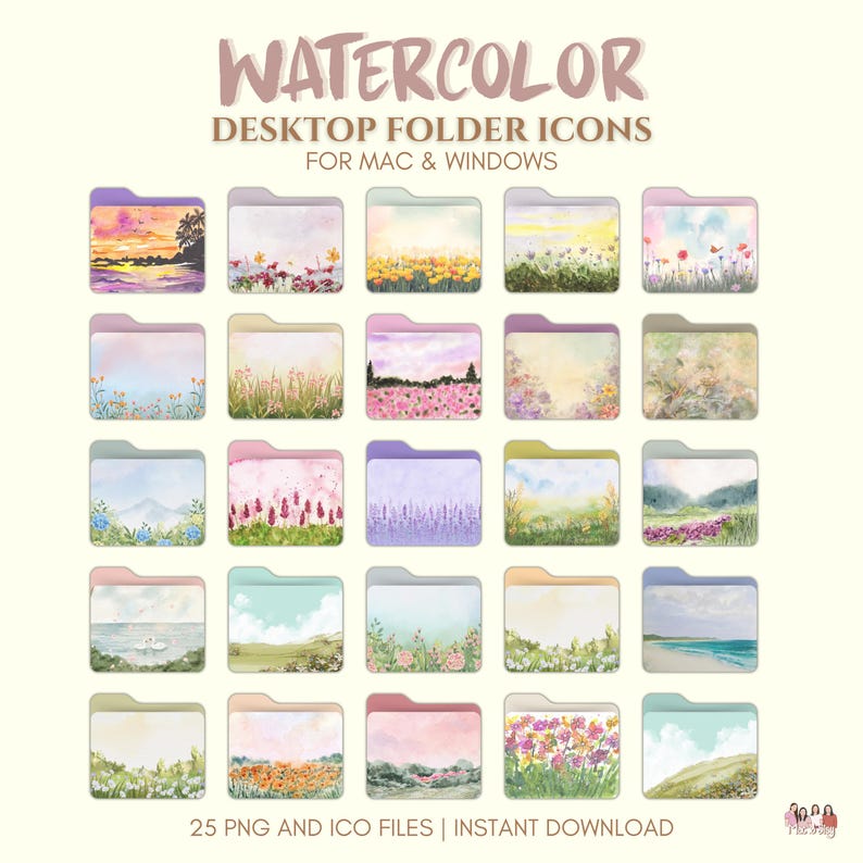 Watercolor Themed Desktop Folder Icons: Mac and Windows (instant ...