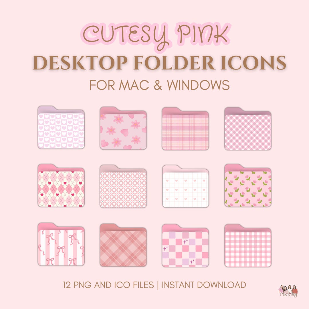 Cutesy Pink Desktop Folder Icons for Mac & Windows (instant Download ...