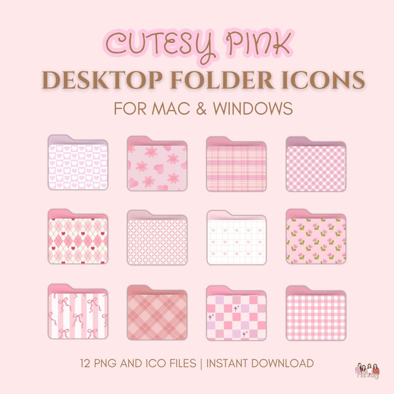 Cutesy Pink Desktop Folder Icons for Mac & Windows (instant Download ...