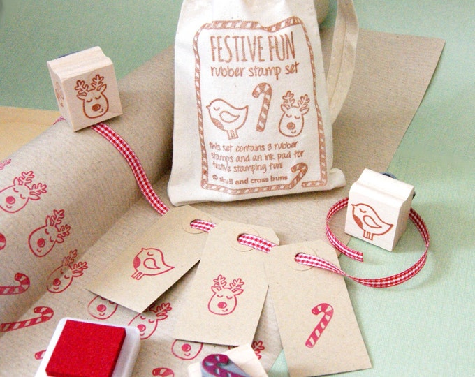 Christmas Stamps Festive Fun Rubber Stamp Set Stocking - Etsy