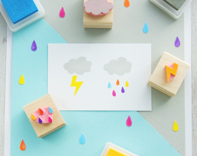 Rain Cloud Set of 3 Rubber Stamps Raindrops Rain Drops Thunderbolt ...