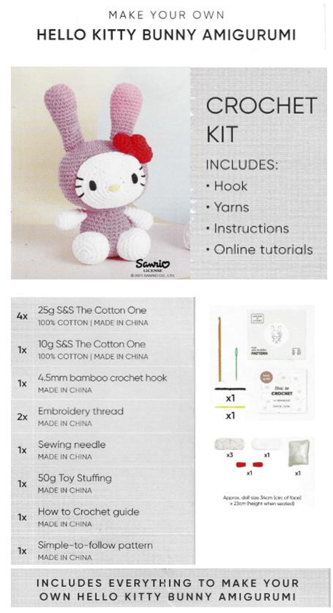 All in One Crochet Kit - Hello Kitty Bunny Amigurumi, Includes Hook ...