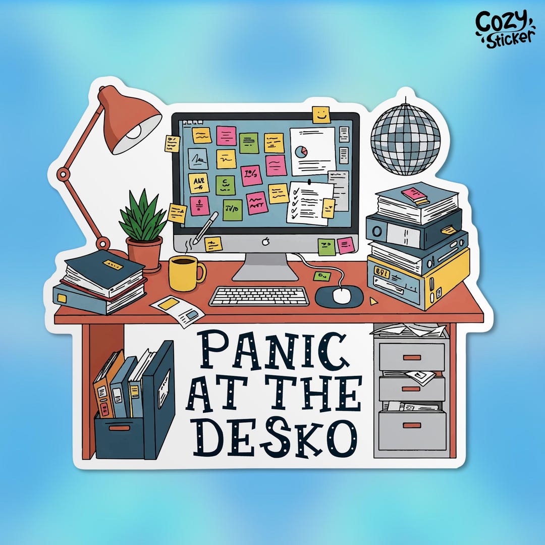 Panic at the Desko Sticker, Funny Workplace Sarcastic Work Humor ...