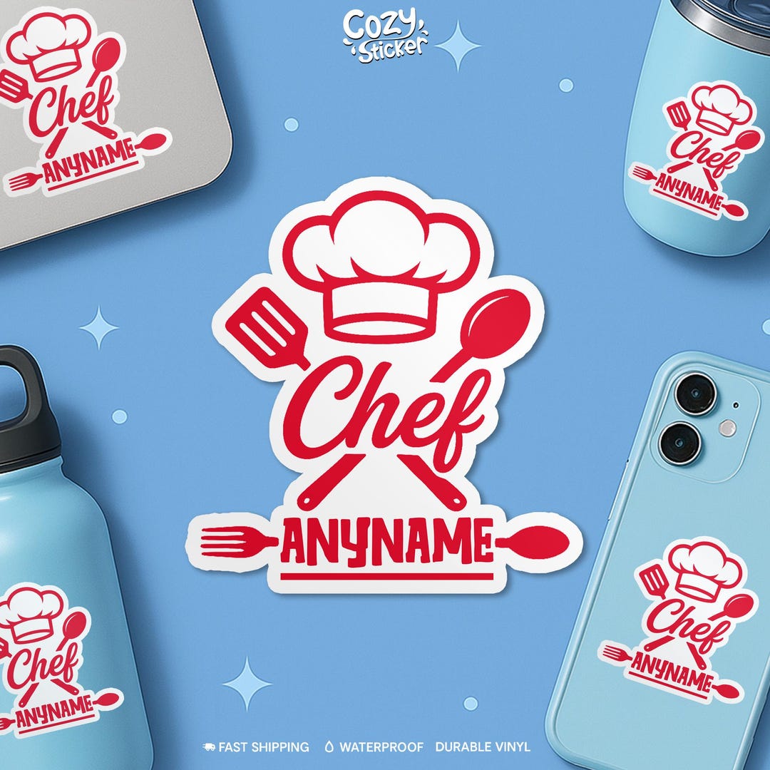 Custom Chef Name Sticker, Personalized Chef Hat Crossed Knives Name ...