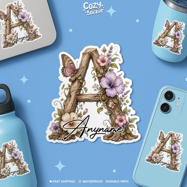 Custom Floral Initial Name Sticker, Personalized Butterfly With Flowers ...