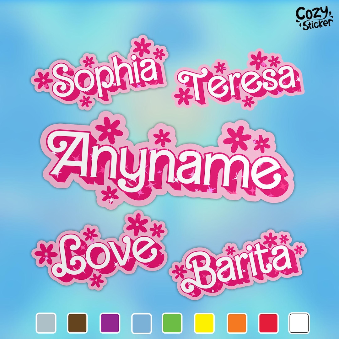 Custom Pink Doll Name Sticker, Personalized Hot Pink Flowers Cute Name ...
